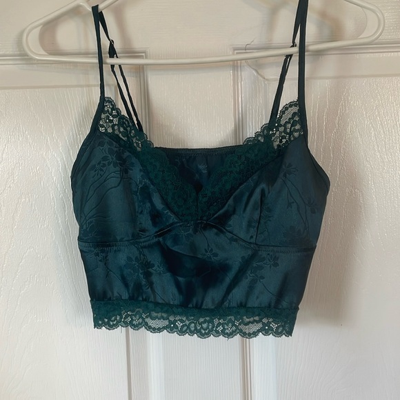 Tops | Dark Green Satin Lace Crop Top | Poshmark